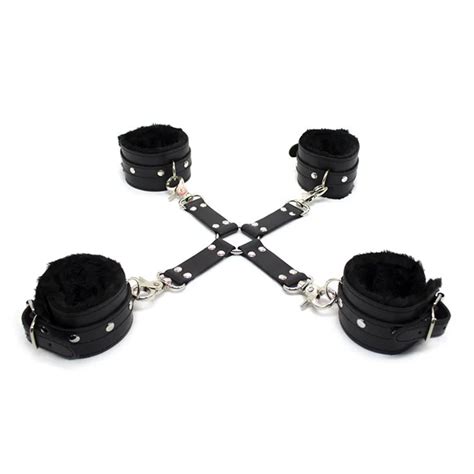 Black Pu Leather Villi Handcuffs Ankle Cuffs Cross Buckle Hand On The