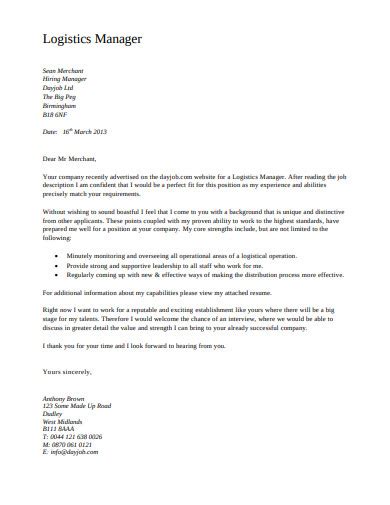 5 Logistics Cover Letter Templates In Pdf Ms Word