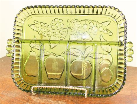 Vintage Green Glass Serving Tray Indiana Glass Fruit Motif Design