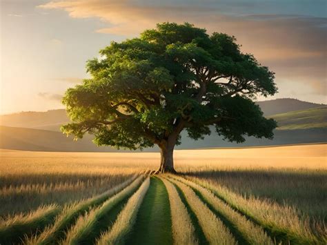 Premium AI Image A Tree In A Field With A Sunset Behind It