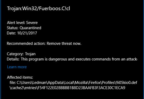 Windows Defender Detects Trojan Win32 Fuerboos C Cl In Firefox Cache