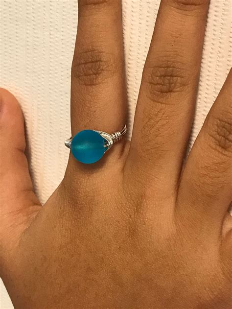 Large Blue Sea Glass Silver Or Gold Wire Wrapped Ring Etsy