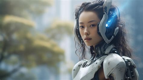 premium photo female robot with blue eyes made of white plastic on a
