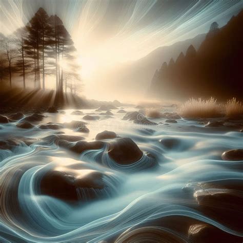 A Serene Landscape With Flowing Water Captured Using Slow Shutte Stock Illustration