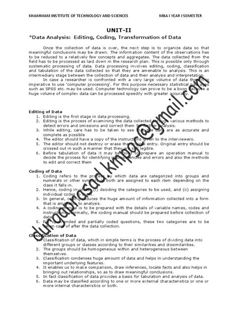 Unit Ii Data Analysis Editing Coding Transformation Of Data Pdf Hypothesis Statistical
