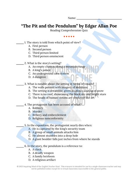 The Pit And The Pendulum By Edgar Allan Poe Quiz And Answer Key