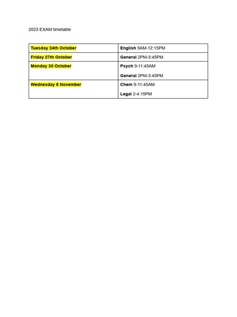 2023 Exam Timetable Pdf