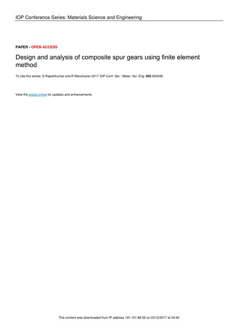 Pdf Design And Analysis Of Composite Spur Gears Using Finite Element Method