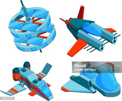 아이소메트릭 우주선입니다 건물 배송 화물 군함 폭격기 및 공중 3d 벡터의 다양 한 종류의 기술 로우 폴 리 우주선 분리 3차원