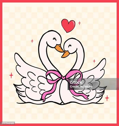 레트로 발렌타인 잉 꼬 백조 활 향수 일러스트 물결 모양 손으로 그린 활기차고 대담한 스타일 강렬하고 밝은 색상에 대한 스톡 벡터 아트 및 기타 이미지 Istock