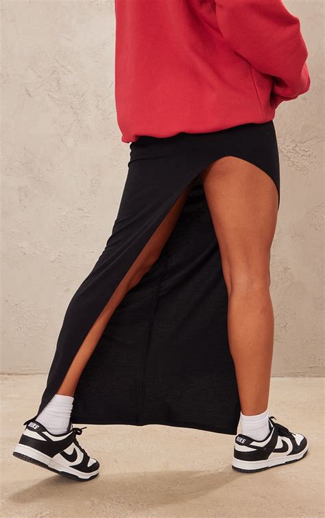 Black Contour Jersey Thigh Split Midaxi Skirt Bottoms