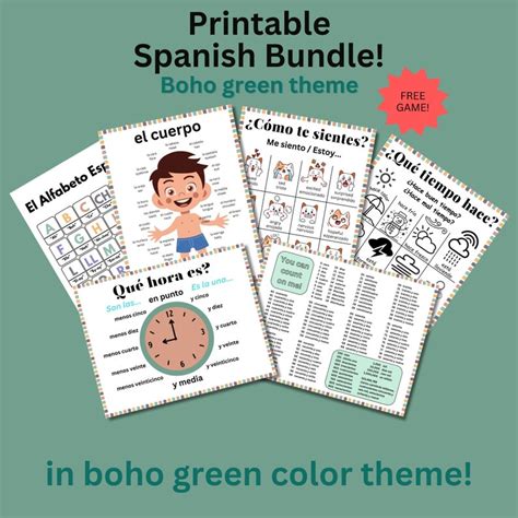 spanish basics bundle printable posters in boho green spanish