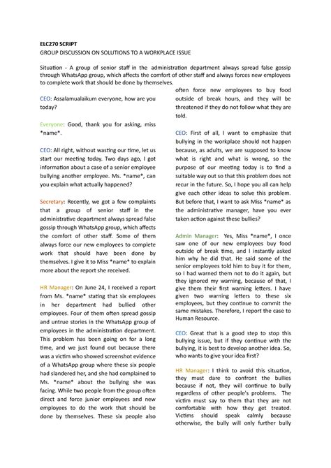 Elc270 Assessment 3 Workplace Issue Group Discussion Meeting Script Elc270 Script Group