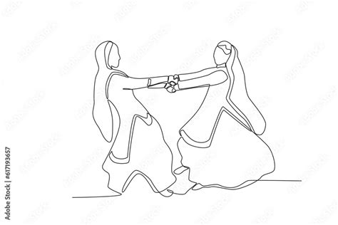 Two Women Celebrate The Teej Festival Teej One Line Drawing Stock