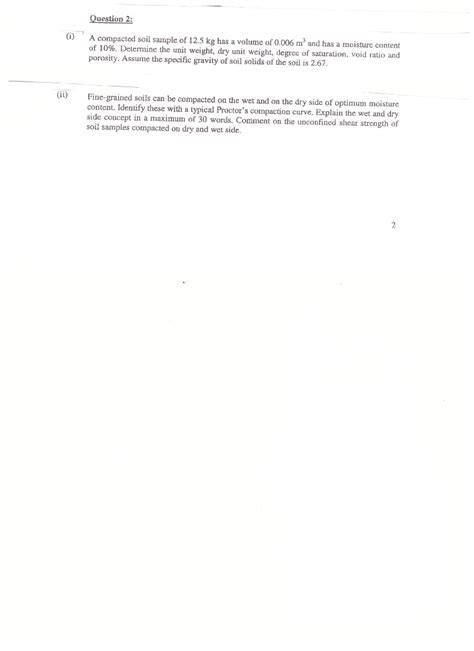 Solved Question 2 Compacted Soil Sample Of 125 Kg Has A
