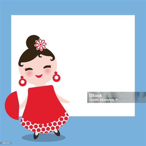 스페인 플 라 멩 코 댄서 카드 디자인 배너 서식 파일입니다 여자 귀여운 분홍색 뺨을 가진 귀여운 얼굴입니다 집시 여자 레드