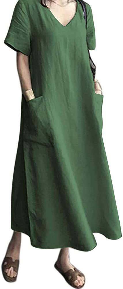 Audate Womens Maxi Dress Solid Plus Size Loose Cotton Linen Long