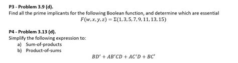 solved p3 problem 3 9 d find all the prime implicants