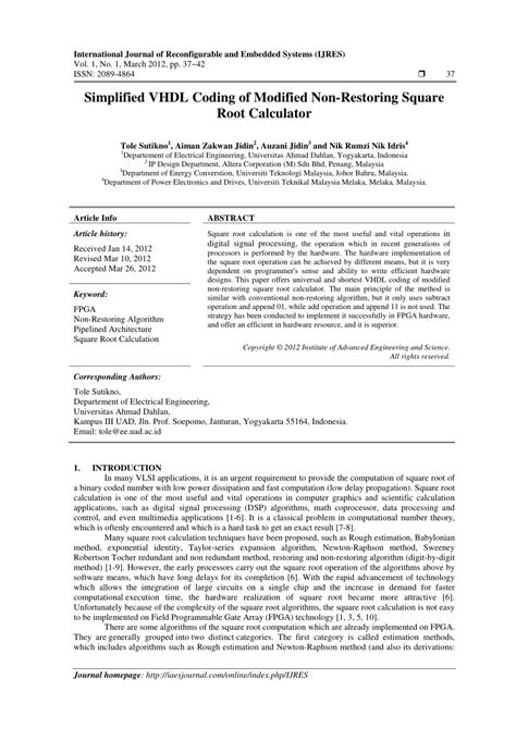 Pdf Simplified Vhdl Coding Of Modified Non Restoring Square Root