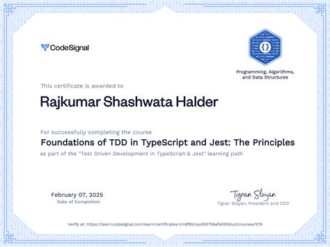 Course Certificate For Foundations Of Tdd In Typescript And Jest The