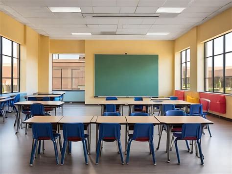 Modern Empty Classroom With Chairs Tables And Blackboard Premium Ai Generated Image