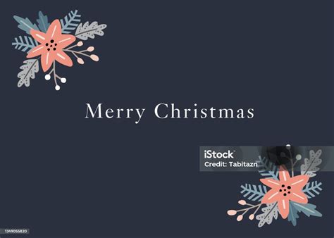 크리스마스 인사말 카드 초대장 붉은 포인세티아 꽃 열매 전나무 나무 가지의 꽃 모서리 메리 크리스마스 텍스트 겨울 벡터 일러스트레이션 웹 배너 진한 파란색 배경 가문비나무에