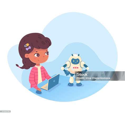 노트북에서 로봇을 가지고 노는 아이 컴퓨터에서 소녀 코딩 및 엔지니어링 과학 프로젝트 주말 취미 활동 벡터 스마트 한 아이 데 재미 프로그래밍 그림 가정의 방에 대한 스톡