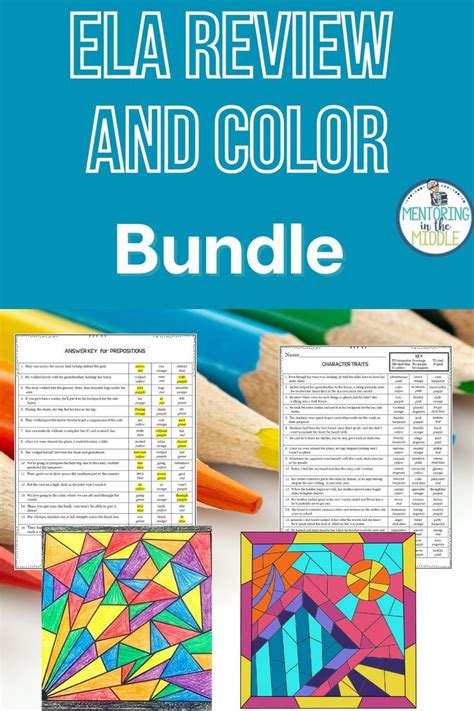 The Ela Review And Color Bundle Is Shown With Pencils Crayons And
