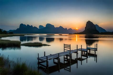 Premium Ai Image A Small Dock On A Lake With Mountains In The Background
