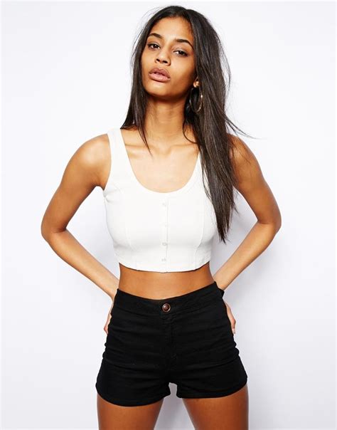 Asos 90s Crop Top With Buttons In Rib Greymarl Fashion Shop Ropa