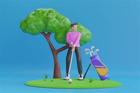 골프를 치는 3d 남자 골프 코스에서 노는 골퍼 프로 골프 코스의 남자 골프 선수 골프 클럽을 들고 샷을 하는 골퍼 3d 그림