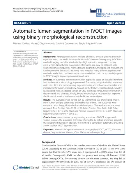Pdf Automatic Lumen Segmentation In Ivoct Images Using Binary Morphological Reconstruction
