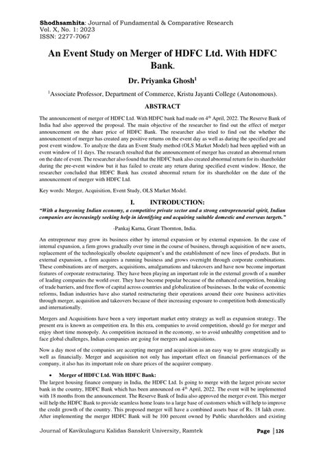 Pdf An Event Study On Merger Of Hdfc Ltd With Hdfc Bank