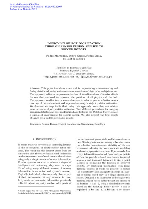 Pdf Improving Object Localization Through Sensor Fusion Applied To Soccer Robots