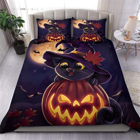 Cute Black Cat Quilt Bedding Set Pumpkin And Moon Quilt Bed Set Full