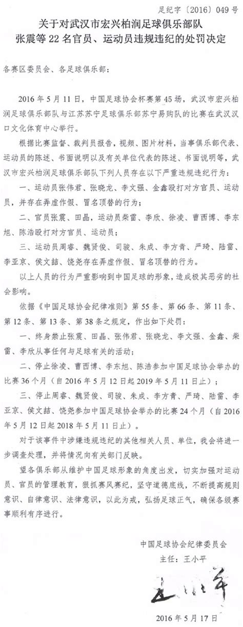 足協重罰武漢宏興取消註冊資格 8人終身禁賽 每日頭條