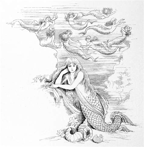Dibujo Vintage De Sirena En Blanco Y Negro Sirena Ilustración