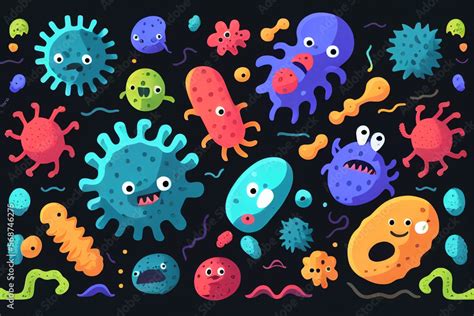 Microbes And Bacteria Cartoon On Black Background Stock Illustration