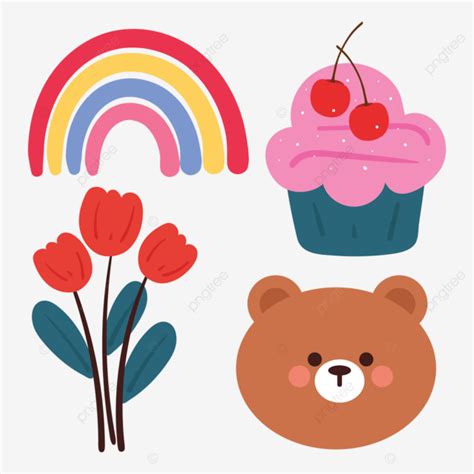 무지개 꽃과 컵케이크를 넣은 귀여운 손으로 그린 스티커 곰 벡터 귀여운 그림 곰 만화 무지개 그리기 Png 일러스트 및 벡터 에 대한 무료 다운로드 Pngtree