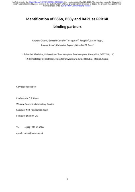 PDF Identification of B56α B56γ and BAP1 as PRR14L binding partners