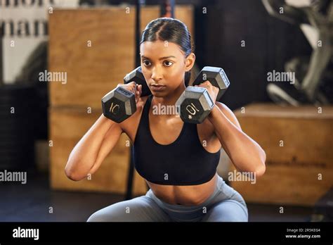 Fitness Squat Or Woman With Dumbbells Training Exercise Or Workout For Powerful Arms Or