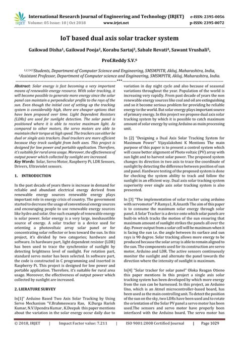 Irjet Iot Based Dual Axis Solar Tracker System Pdf Home Appliances