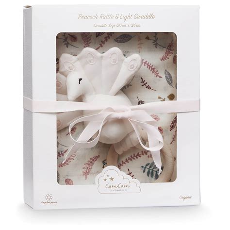 Cam Cam Swaddle And Peacock Rattle Gift Box Pressed Leaves Rose Coggles