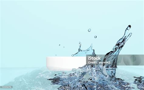 3d 추상 물이 튀는 것은 흰색 무대 연단이 비어 있고 기하학적 화장품 쇼케이스 받침대는 파란색 배경에 분리되어 있다 최소한의 현대 장면 모형 템플릿 3d 렌더링