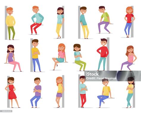 Ilustración De Personajes Alegres Apoyados Contra La Pared Y Sentados