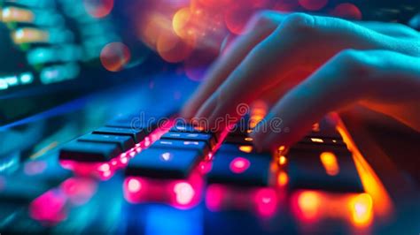Close Up Of Female Hands Typing On Laptop Keyboard At Night Stock