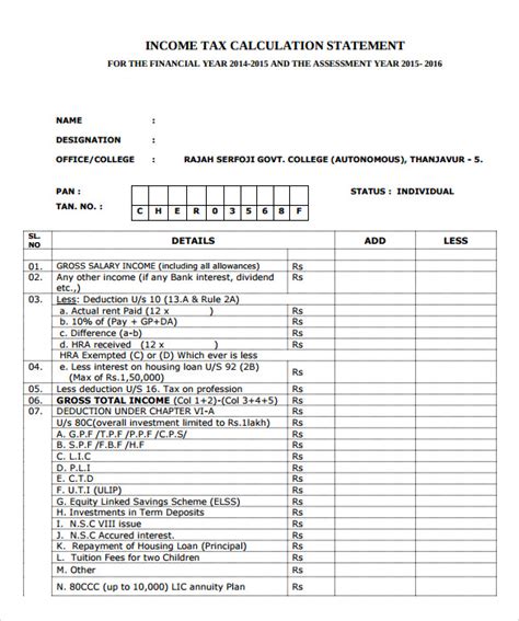 Free Sample Income Tax Calculator Templates In Pdf