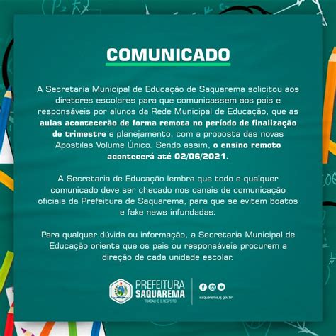 Comunicado Aulas Na Rede Municipal De Educação Prefeitura De Saquarema