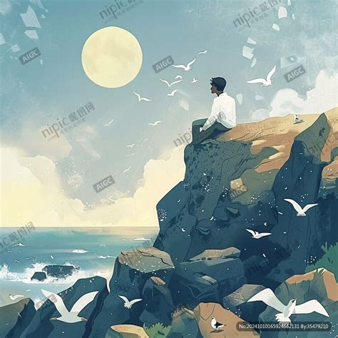 ai创作图在海边看风景的人 站在悬崖边上男子 坐在悬崖边上的女生 人与自然插画 月光插画月光下 日光岩插画 风景人物插画 意境人物插画 插画