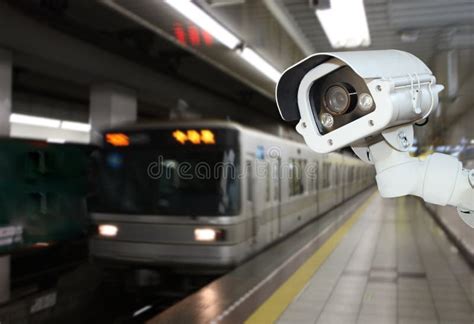 Cctv Camera Security Operating On Subway Station Platformunderground Railways Station Stock